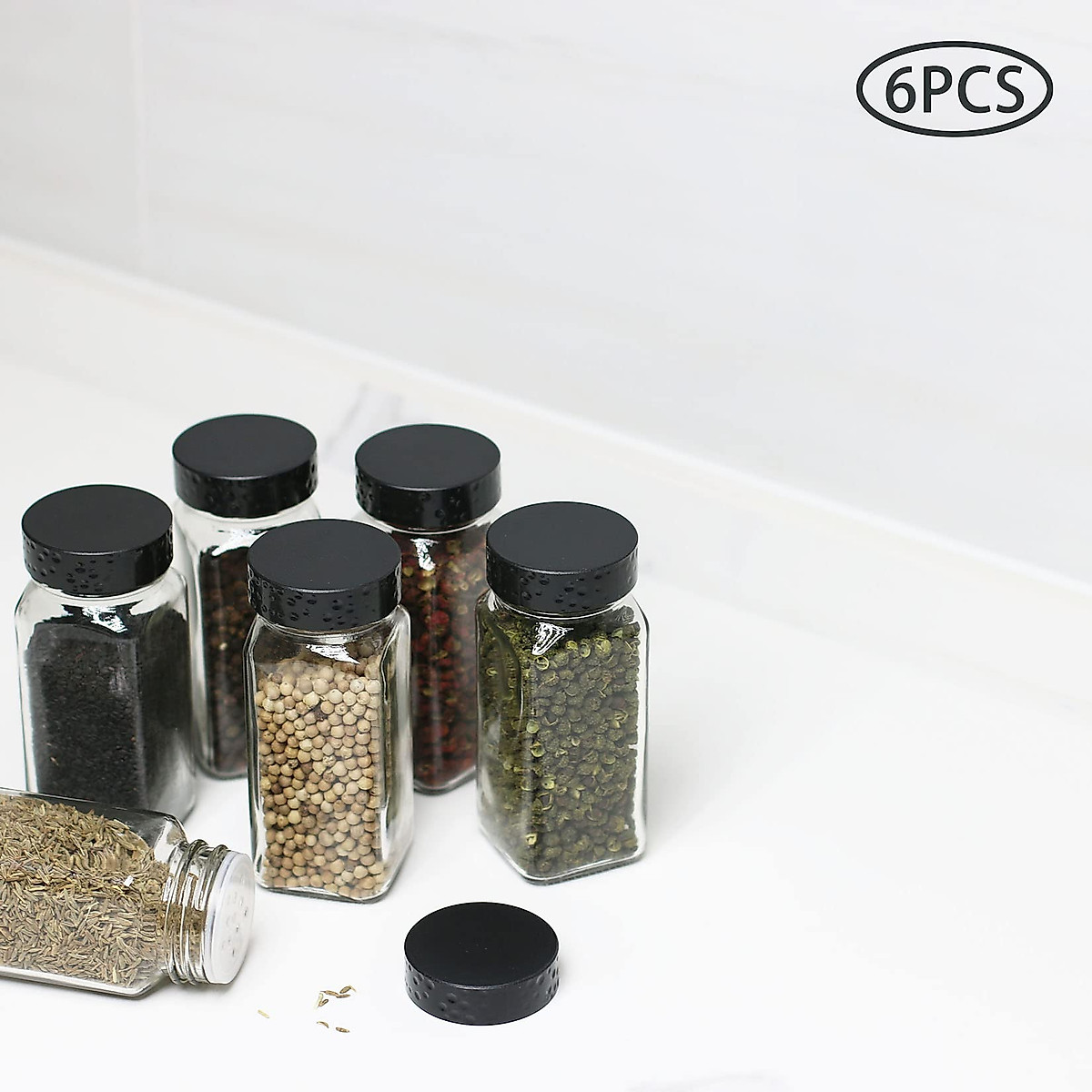6pcs Black Spice Jars, 4 oz Glass Seasoning Bottles, Spices Container, Empty Spice Jars , Square Spice Bottles with Airtight Plastic Caps with Shaker Lids