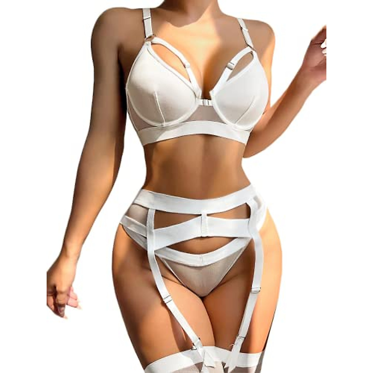 Kaei&Shi Garter Belt Thong Lingerie for Women,Strappy Hollow Out Sexy Lingerie,Underwire Mesh Sheer Matching 4 Piece Lingerie Set Bride Wedding Bridal Honeymoon White 2X-Large