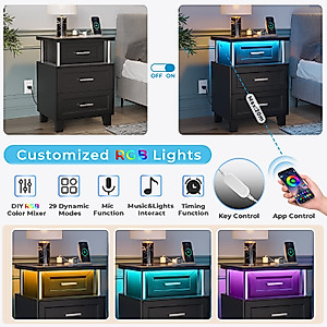 VIAGDO Black Nightstand Set of 2, LED Night Stand Set 2 with Charging Station, Modern Nightstand with 3 Drawers, Vintage Bedside Tables, End Side Table with Storage for Bedroom, Office