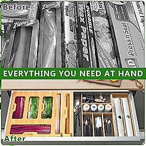 Ziplock Bag Storage Organizer for Kitchen,Aluminum Foil Plastic Wrap Dispenser with Cutter,Real Bamboo 6-in-1 Sandwich Bags Organizer and Lunch Baggie Dispenser,for Drawer,Wall,Pantry etc