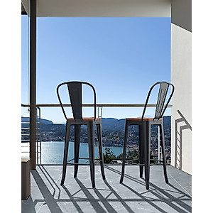Aiho Bar Stools 30” Dining Chairs Outdoor Patio Bistro Set of 2 Metal Height Bar Stools with Wood Seat and Removable Backrest, Gloss Black