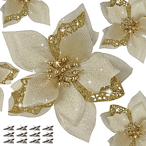 12-Pack 5.9'' Gold Glitter Poinsettia Artificial Flowers - Christmas Tree Decorations with Clips
