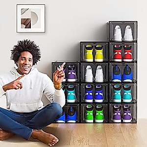 6 Pack Sneaker Storage, Sneaker Boxes Clear Plastic Stackable, Hard Plastic Shoe Storage, Sneaker Storage for Sneakerheads, Drop Front Shoe Box with Lids, Sneaker Containers Fit Up to US Size 12 (13.4"x 10.6"x 7.4")