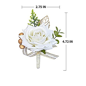 BASIMAN Boutonniere for Men Wedding White Rose Corsage Wristlet Band Bracelet for Women Bride Bridesmaid Wrist Corsage (2Pcs White Rose Set)
