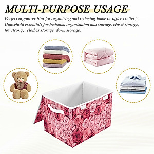 Vnurnrn Collapsible Storage Bins with Lids, Pink Roses Foldable Storage Boxes, Storage Box Cube with Lid for Clothes,Bedroom,Toys,16.5x12.6x11.8 Inch