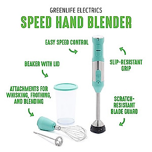 GreenLife 500-Watt Immersion Electric Handheld Stick Blender with Stainless Steel Blades, Whisk, Frother, Measuring Cup and Lid, Soups, Puree, Cake, Multi-Speed Control, Portable, Turquoise