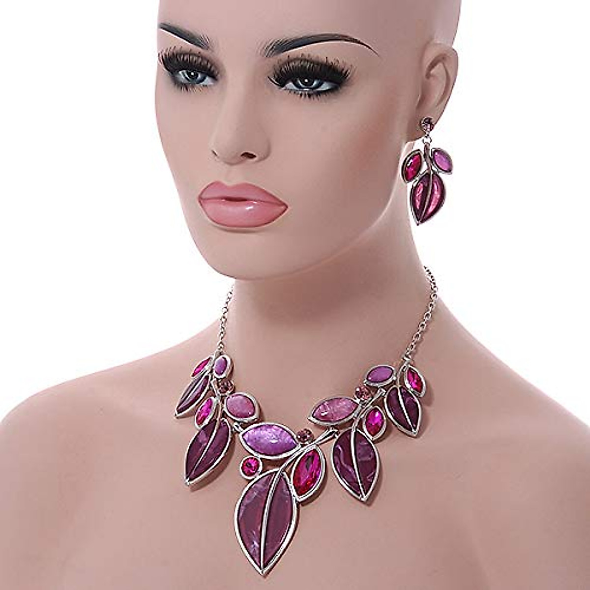 Avalaya Statement Purple/Magenta Glass, Crystal Leaf Necklace and Drop Earrings In Rhodium Plating - 40cm L/ 8cm Ext