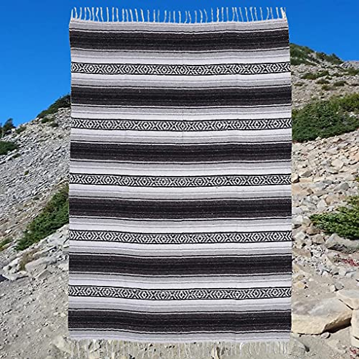 DWC Authentic Mexican Black-Gray Blanket -Yoga Matt - Falsa - Serape - Camping, Picnic, Beach Blanket, Bedding, Car Blanket, Saddle Blanket, Soft Woven Home Decor (Black-Gray Color)