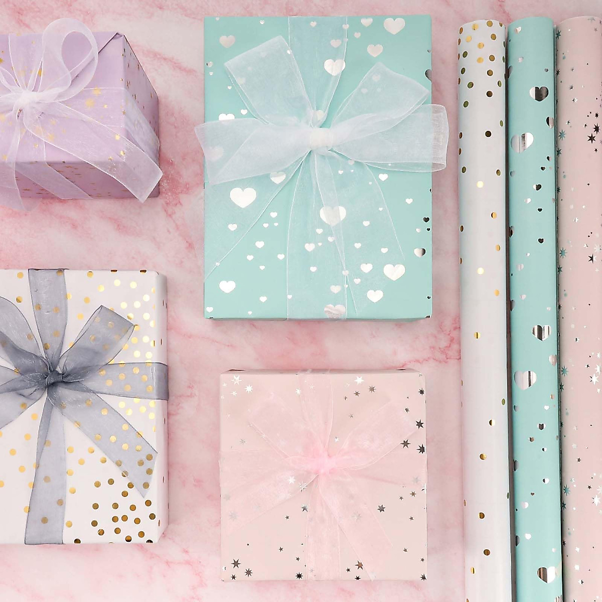 LaRibbons Wrapping Paper Roll - Hearts/Polka Dots/Stars (2 Kinds) Design for Birthday, Mother Day, Valentine's Day, Wedding, Baby Shower - 4 Rolls - 30 inch X 120 inch Per Roll