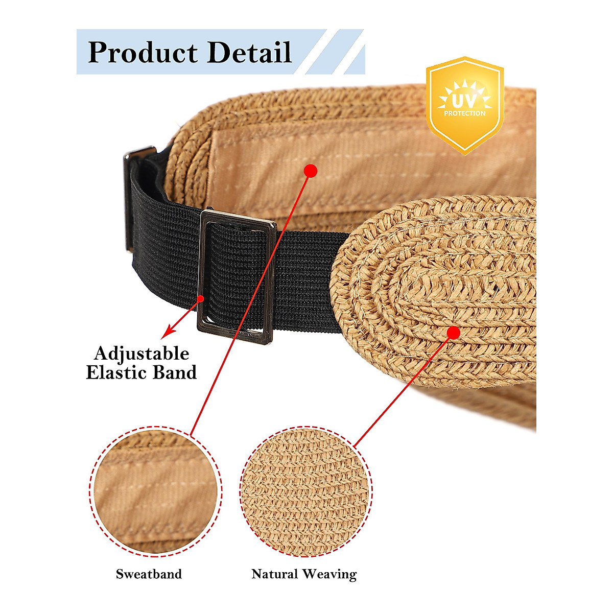 Womens Beach Straw Sun Visor Hat Ponytail Hole UV Protection Wide Brim Summer Cap Packable for Travel UPF 50+(Khaki)