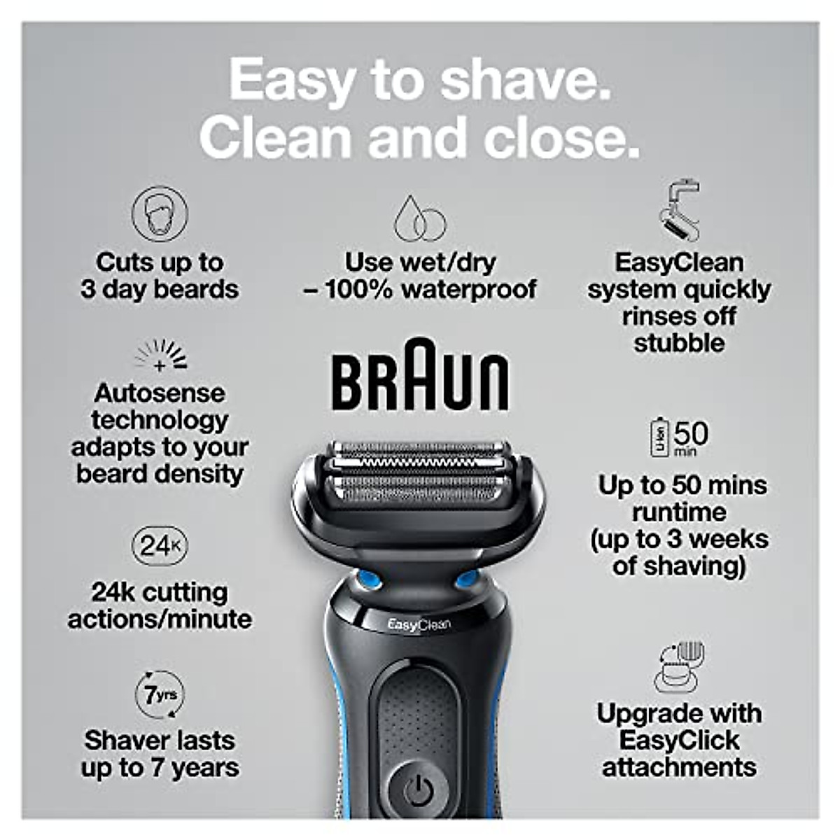 Braun Series 5 5020 Electric Razor for Men Foil Shaver with Beard Trimmer, Rechargeable, Wet & Dry with EasyClean, Black, 5 Piece Set