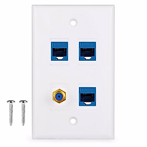 4 Port Wall Plate with Gold-Plated Coaxial TV Cable F Type + 3 Port Cat6 Ethernet Female to Female Jack in White …