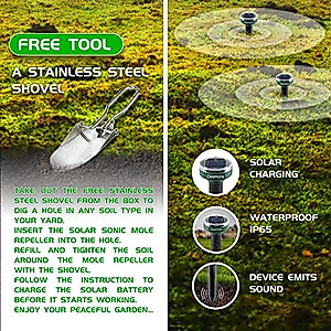 DESMORE Solar Sonic mole repellents. The Set Includes 4 Devices That Each Cover 7,500 sq ft, 100% Safe and Humane.Every Purchase Includes a Beautiful Free Stainless Foldable Shovel for Installation.