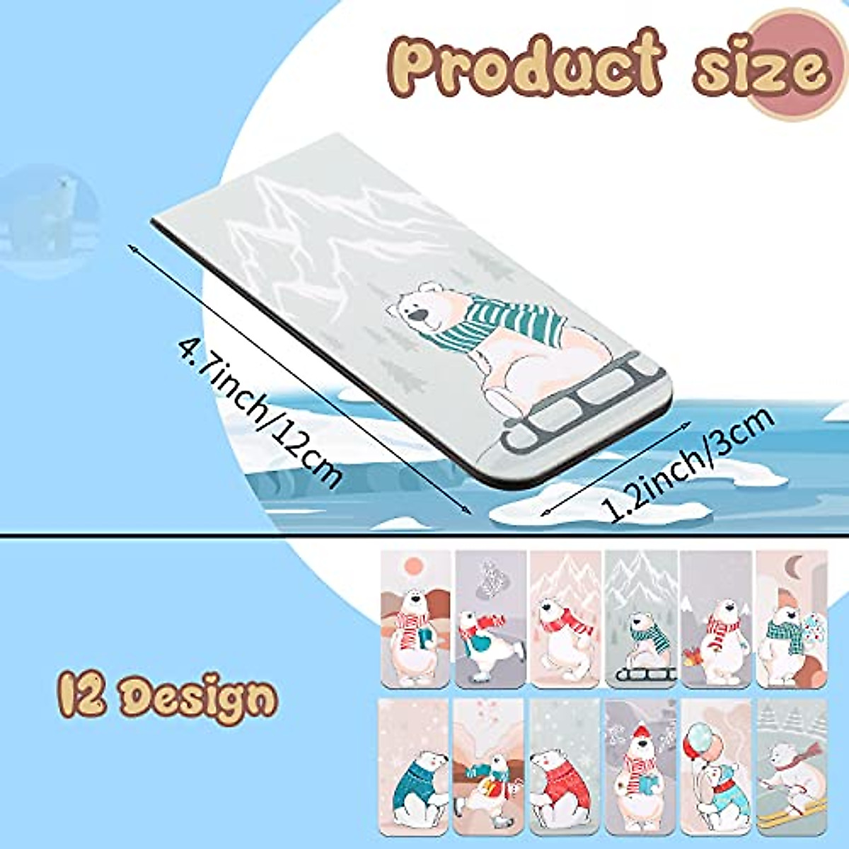 12 Pieces Christmas Magnetic Bookmarks Cute Bookmarks for Kids Magnet Page Clips Bookmark with Polar Bear Pattern Magnetic Page Markers for Kids Birthday Presents Classroom Prizes Students School