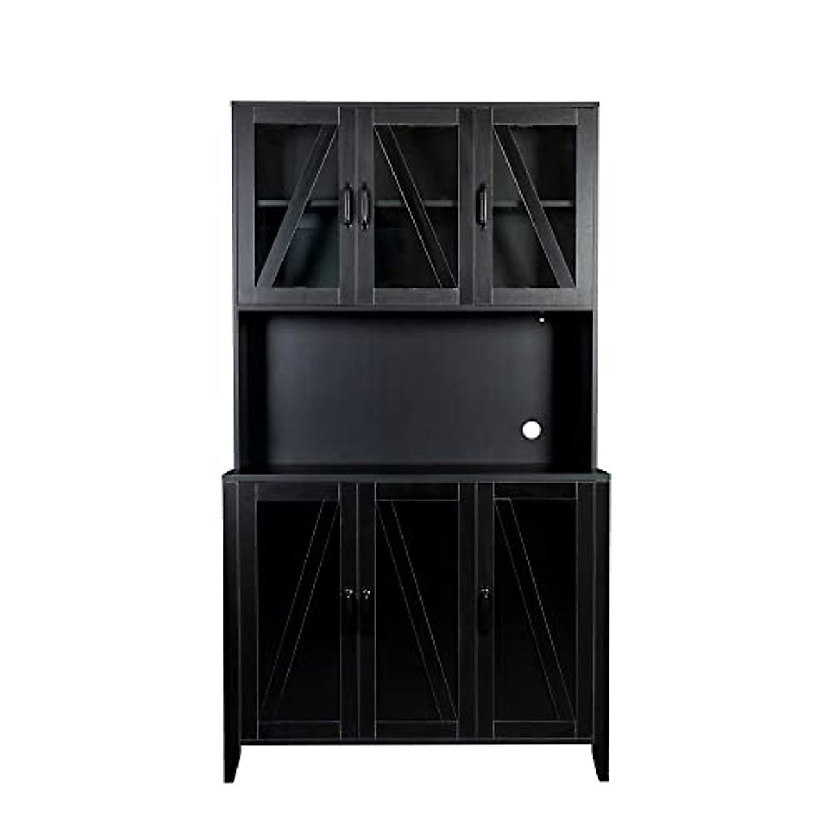 Goohome Large Freestanding Kitchen Pantry, Buffet Sideboard Wardrobe& Kitchen Glass Doors,Open Shelves and Drawer,Tall Utility Storage Cabinet for Living Room, Black