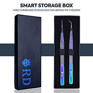 Eyelash Extension Tweezers Lash Extension Precision Tweezers Straight & Curved with Diamond Grip Set of 2 Pieces Rainbow Colour 14cm Multicolor