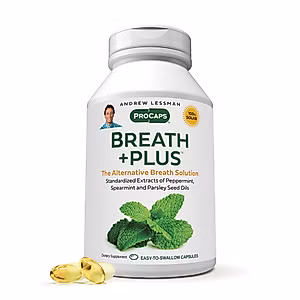 ANDREW LESSMAN Breath Plus 60 Softgels - Natural Breath Freshener, Helps Eliminate Odors from Food, Smoking, Morning Breath from The Inside Out. Peppermint, Spearmint. Easy to Swallow Softgels