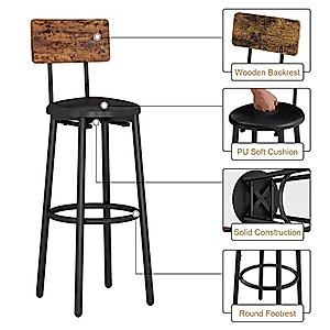 KIVENJAJA Bar Table and Chairs Set for 2, 3-Piece Small Square Pub Bistro Table and Upholstered Stools with Backrest, Counter Height Dining Table Set for Kitchen Small Space, Rustic Brown