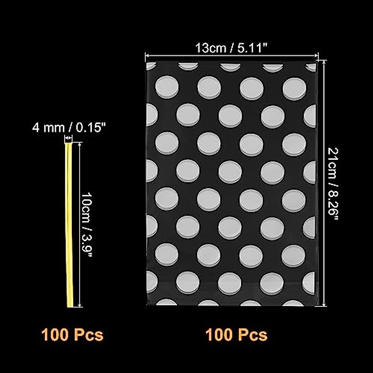 uxcell 100 Pcs Clear Cello Bags, Round Spot Flat Plastic Cello Treat Bags with Gold Twist Ties Gift Bags Cookie Bags for Christmas Snacks Candy Cookie Gifts, White