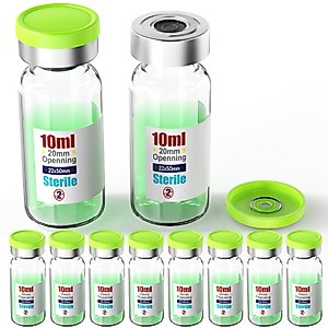 Sterile Empty Vial Sealed with 20mm Self Healing Injection Port and Burr Free Tear Off Plastic Aluminum Cap,Borocilicate Glass Sample Vial with Pull Ring Cover (Clear, 10mL)