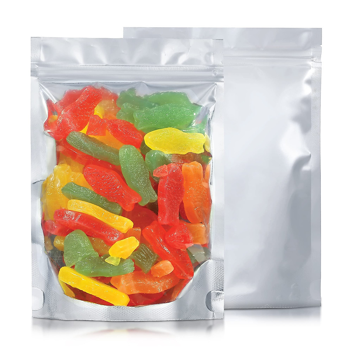 Stand Up Mylar Bags 5.5” x 8” +1.6" Heat Seal For Candy & Food Packaging, Medications And Vitamins - 100 Sealable Mylar Ziplock Bags with Gusset Bottom - For Liquid And Solids (5.5” x 8” + 1.57”)