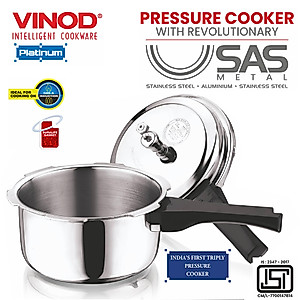 Vinod Platinum Triply Stainless Steel Outer Lid Pressure Cooker 1.5 Litre/Gasket Release System/Induction and Gas Base Cooker/ISI Certified- Silver
