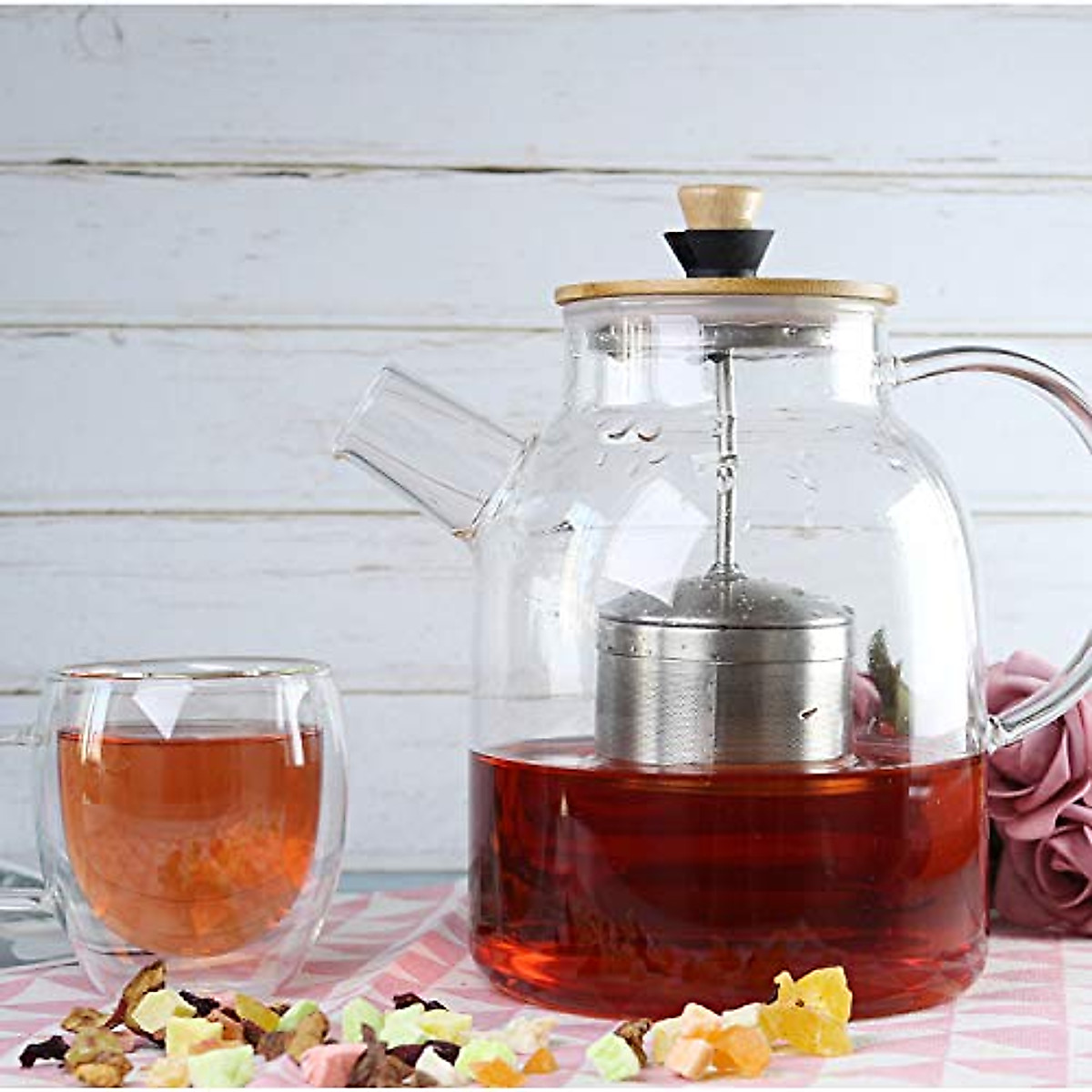 IDEALUX Glass Tea Kettle 64OZ, Large Tea Maker with SUS304 Tea Infuser & Bamboo Lid, Stovetop Safe Tea Pot for Loose Leaf Tea, Teabags Herbal Tea Cold Coffee Tea Brewer for Loose Tea