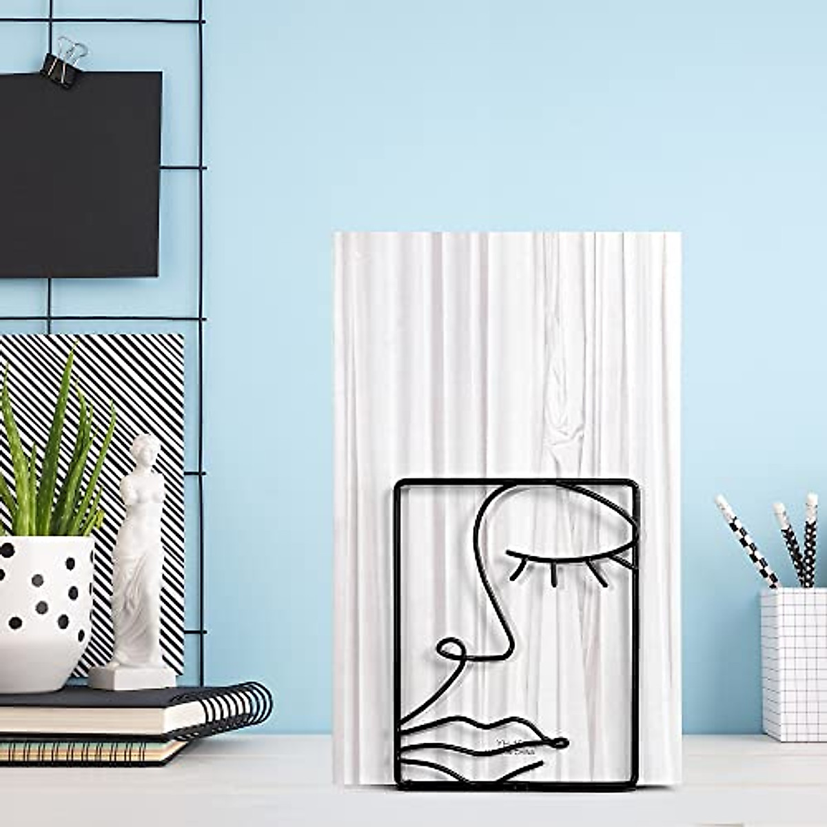 Book Ends Modern Abstract Design Bookends for Shelves （Metal/Black） Heavy Duty Decorative Non-Skid Bookends Book Stoppers for Books and CDs