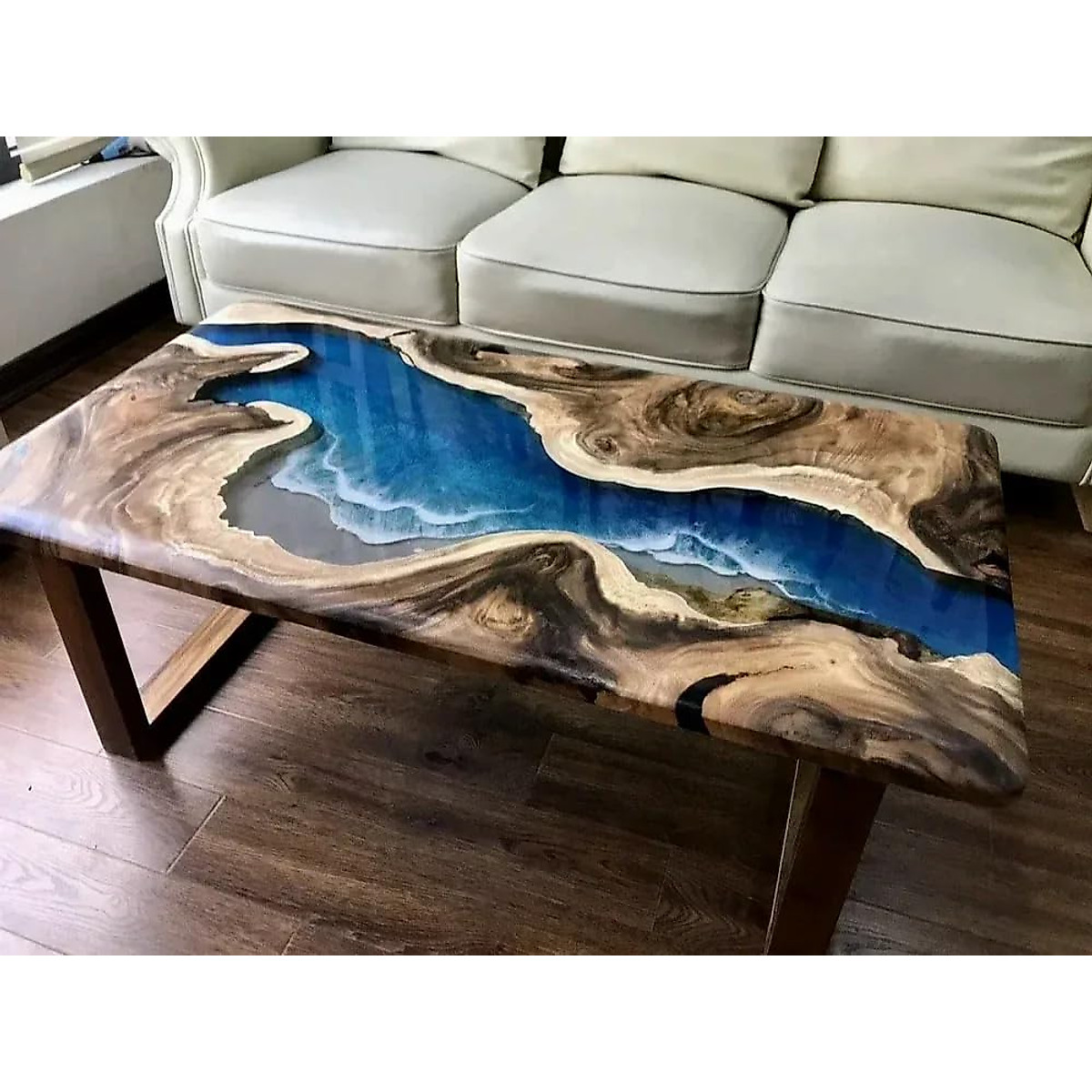 Natural Wood Unique Blue Ocean with Wave Look Resin Epoxy Table Coastal table Top Dining Table Coffee Table Side/End Table Home Décor (28.5" Inches Tall, 72 x 36 Inches)