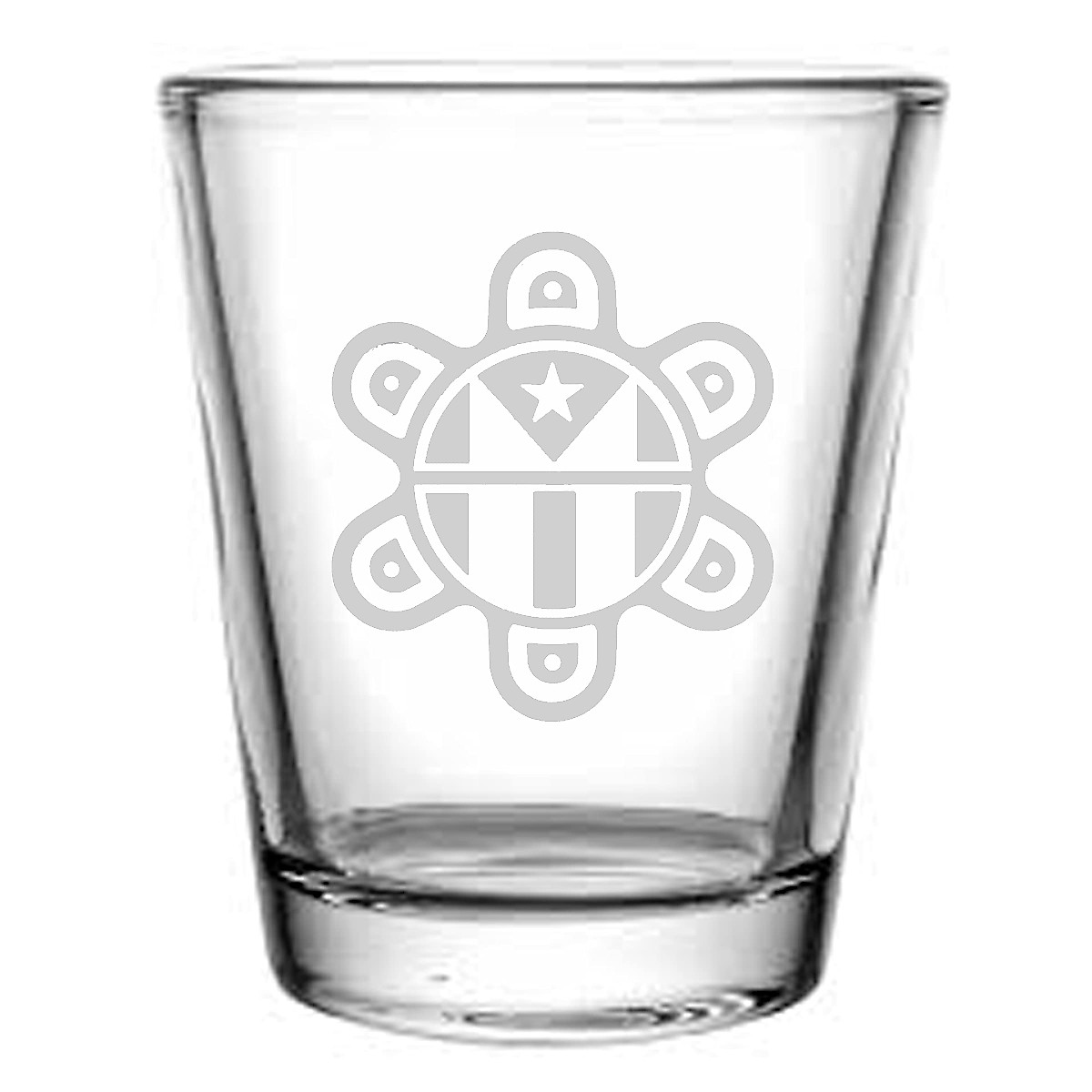 Puerto Rico Shot Glass Gift Set of Four: ENGRAVED Taino Coqui, Made in Puerto Rico Barcode, Puerto Rican Map, Taino Sun with Puerto Rican Flag Puerto Rico Gift Set of Puerto Rican Shot Glasses
