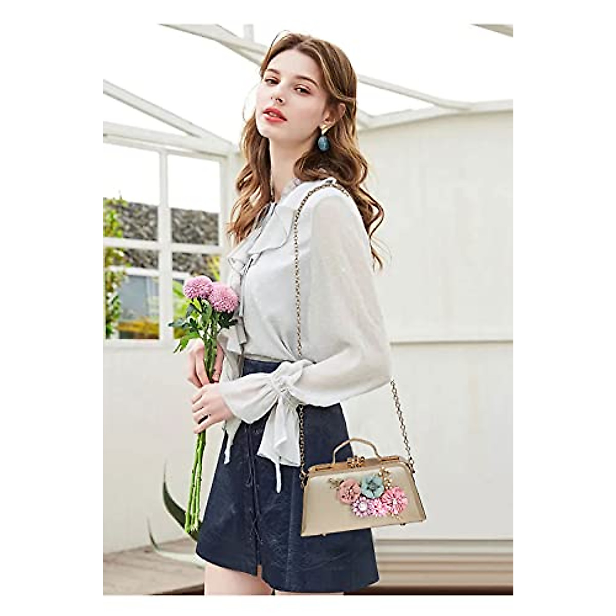 Gold Evening Bag for Women, Flower Wedding Evening Clutch Purse Bride Floral Clutch Bag