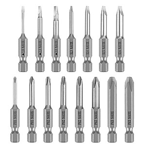 15 Piece Slotted Phillips Triangle Screwdriver Bit Set, 1/4 Inch Hex Shank S2 Steel Magnetic 2 Inch Long Drill Bits