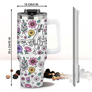 Personalized Mothers Day Birthday Gifts for Mom Nana Grandma, Custom You Hold Our Hands Also Our Hearts 2D 40oz Tumbler with Name, Customized Mother's Day Gifts from Daughter Son Kid, Travel Cup