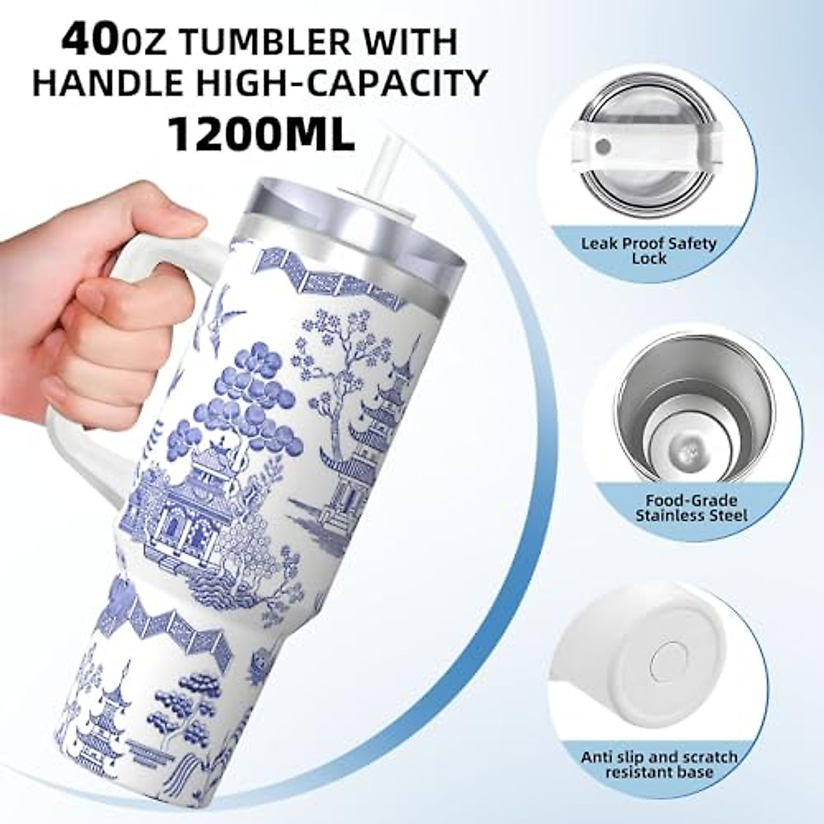 Xiexide 40oz Rustproof Hiking Tower Spring Chinese Folk Chinoiserie Style Double Walled Vacuum Insulatedith Handle And Straw,Hot & Cold Drinks