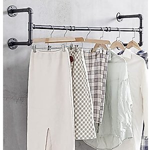 Industrial Pipe Clothes Racks, Wall Mounted Garment Racks, Space-Saving Display Hanging Clothing Racks, Heavy Duty Steampunk Detachable Multi-Purpose Hanging Rod for Closet Storage, Black (Black)