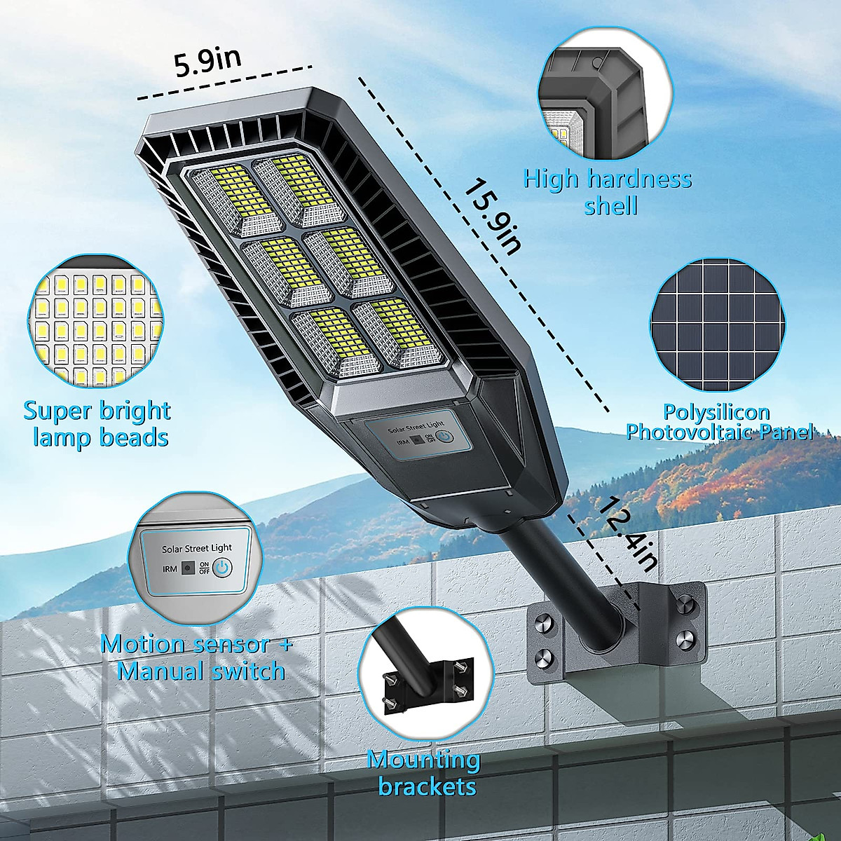 Solar Street Lights 300 W 2 Packs LED Solar Street Lights Outdoor IP66 Waterproof 30000 LM 6500 K Outdoor Street Light Dusk to Dawn Solar Power Lights with Motion Sensor and Remote Control for Path