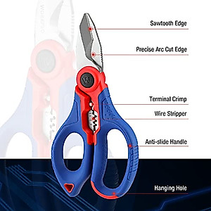 WORKPRO Stainless Electricians Scissors, 6.4" Professional Electrician Shears with Wire Stripper for Soft Cable