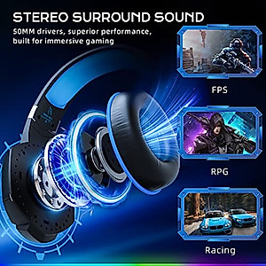 YINSAN Gaming Headset with Mic for PS4 PS5 Xbox Series X|S Nintendo Switch Xbox One PC, Wired Over Ear Gaming Headphones with Surround Sound, Noise-Cancelling, RGB Light, One-Key Mute Button