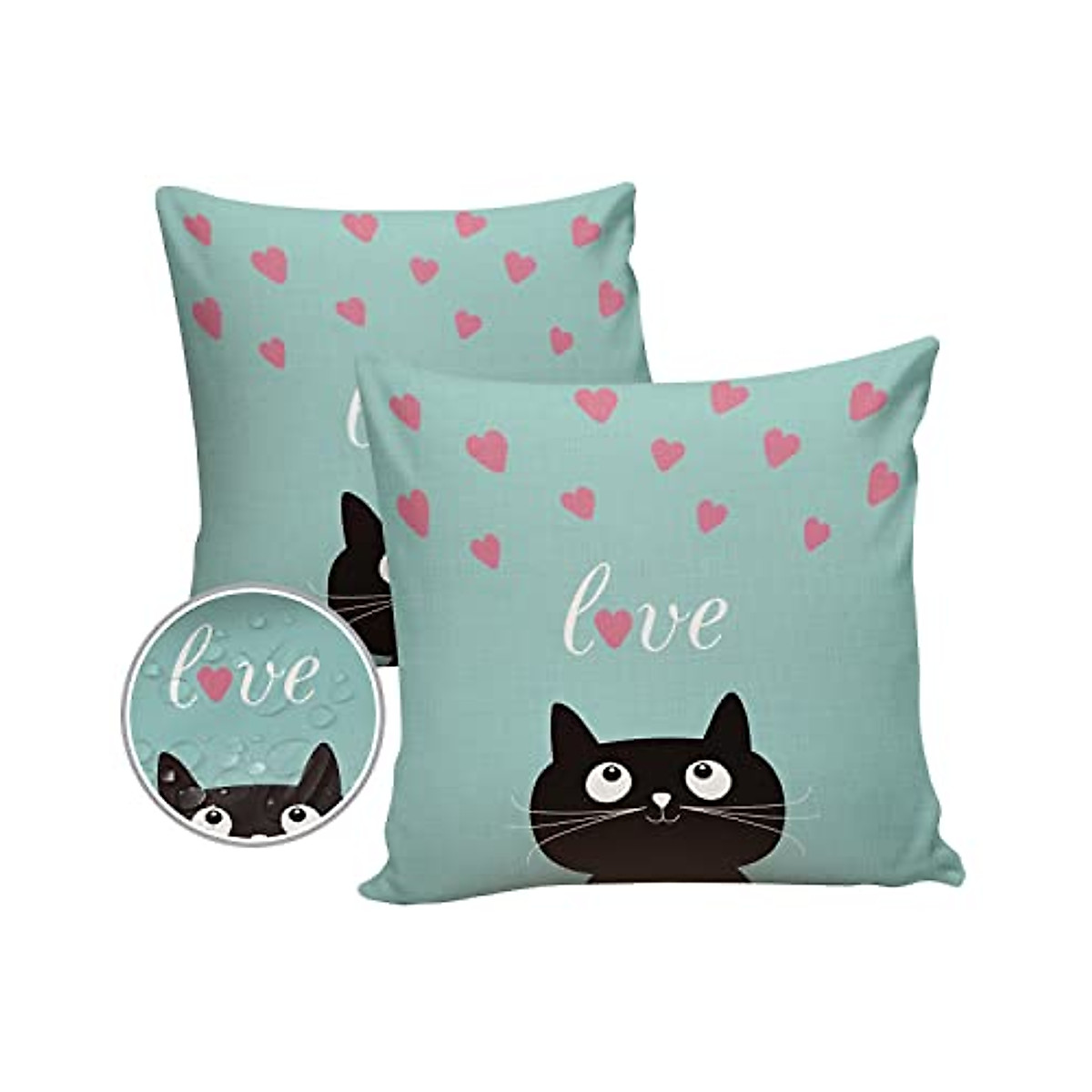 Outdoor Waterproof Pillow Covers for Patio Furniture Lovely Cat and Heart Decorative Throw Pillow Cover Cartoon Heart Design Pattern Pillowcases Set of 2 Cushion Case for Sofa Couch Chair 16x16 in