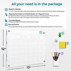 Magnetic Acrylic Calendar for Fridge 17"x12" Clear Dry Erase Calendar Board for Refrigerator Includes 4 Dry Erase Markers and Eraser