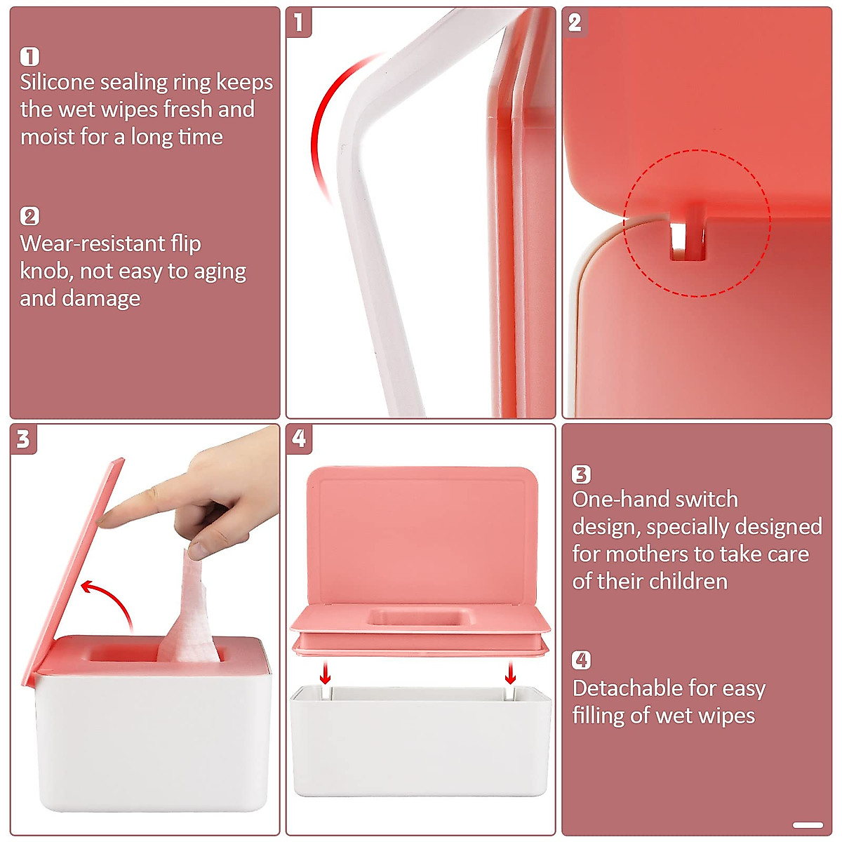 Whiidoom Diaper Wipes Dispenser Wipes Holder, Wipes Tissue Case Keeps Wipes Fresh Tissue Wipes Container with Lid (Pink)