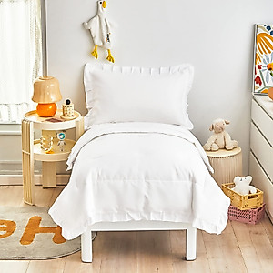 4 Pieces White Toddler Bedding Set with Ruffle Fringe, Solid Color Toddler Bed Set - 1 Toddler Comforter + 1 Fitted Sheet +1 Flat Sheet +1 Pillowcase for Baby Boys and Girls