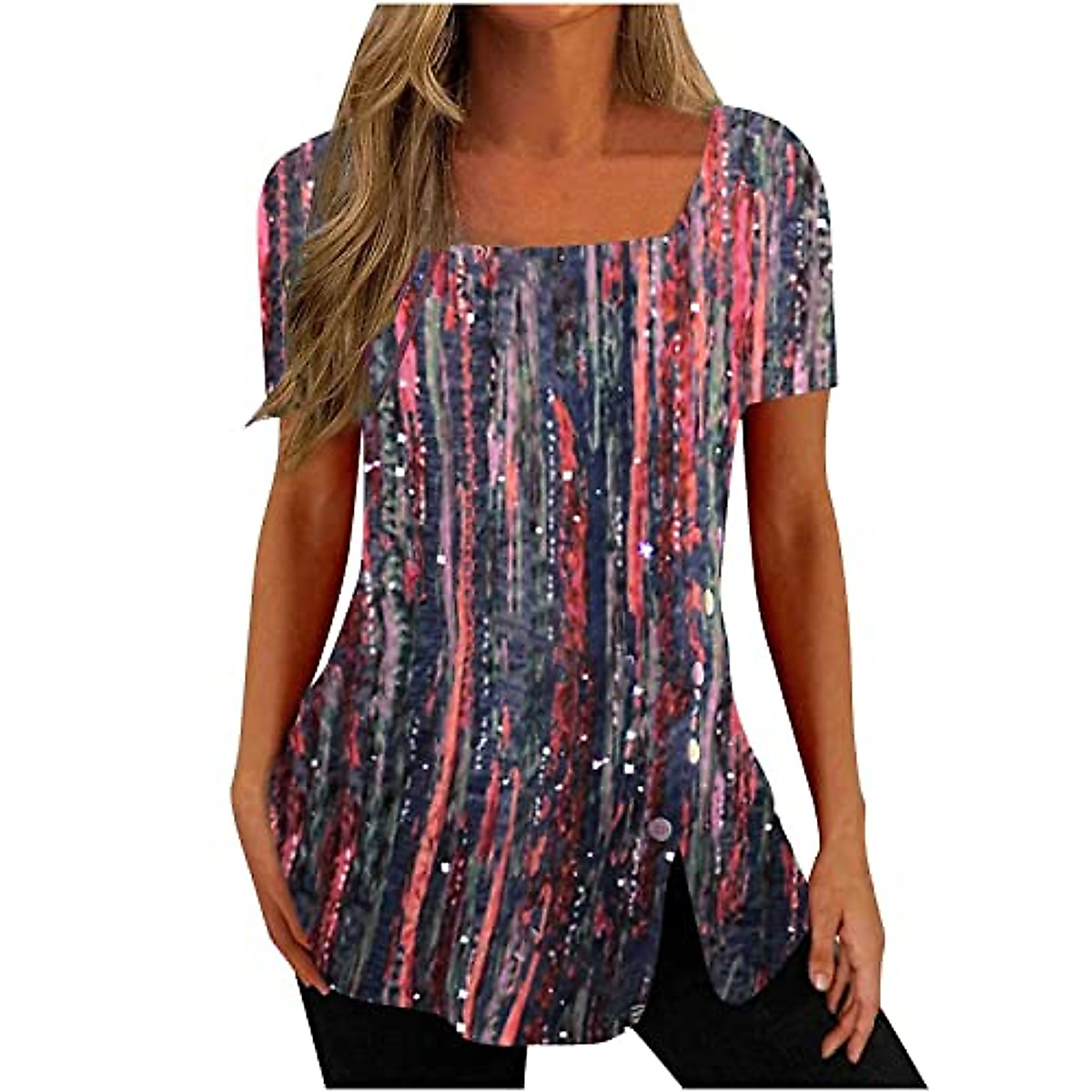 SMIDOW Womens Tunic Tops to Wear with Leggings 2023 Trendy Summer Short Sleeve Square Bohemian Shirts Long t-Shirt with Slit