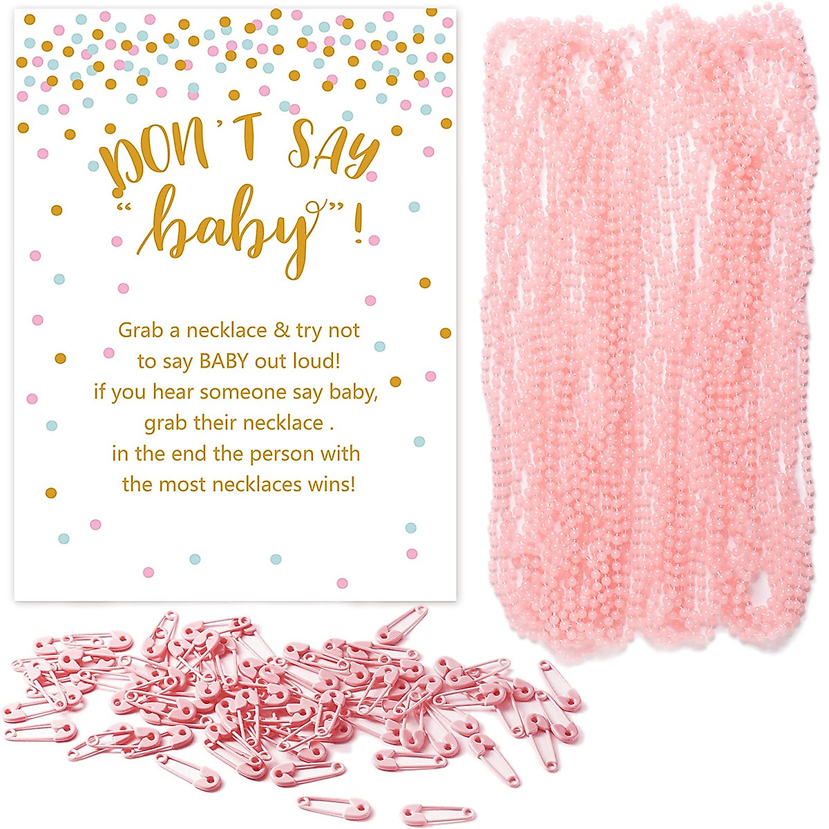 ZJJZGYXINTAI Baby Shower Games for Girl, Including 1 Don’t Say Baby Sign and 24Pcs Pink Beaded Necklace 72Pcs Pink Mini Pin