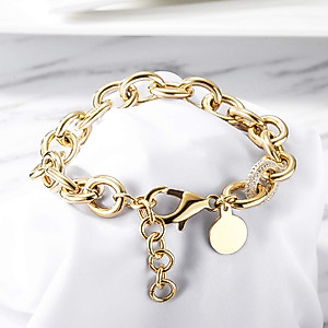 Jinbaoying CZ Wide Cuban Curb Link Bracelets for Women Adjustable Extenders Chunky Bracelet Gold Silver Rose Gold Plated Stainless Steel Link Charm Chain with Round Disc Charm (Small Disc Gold)