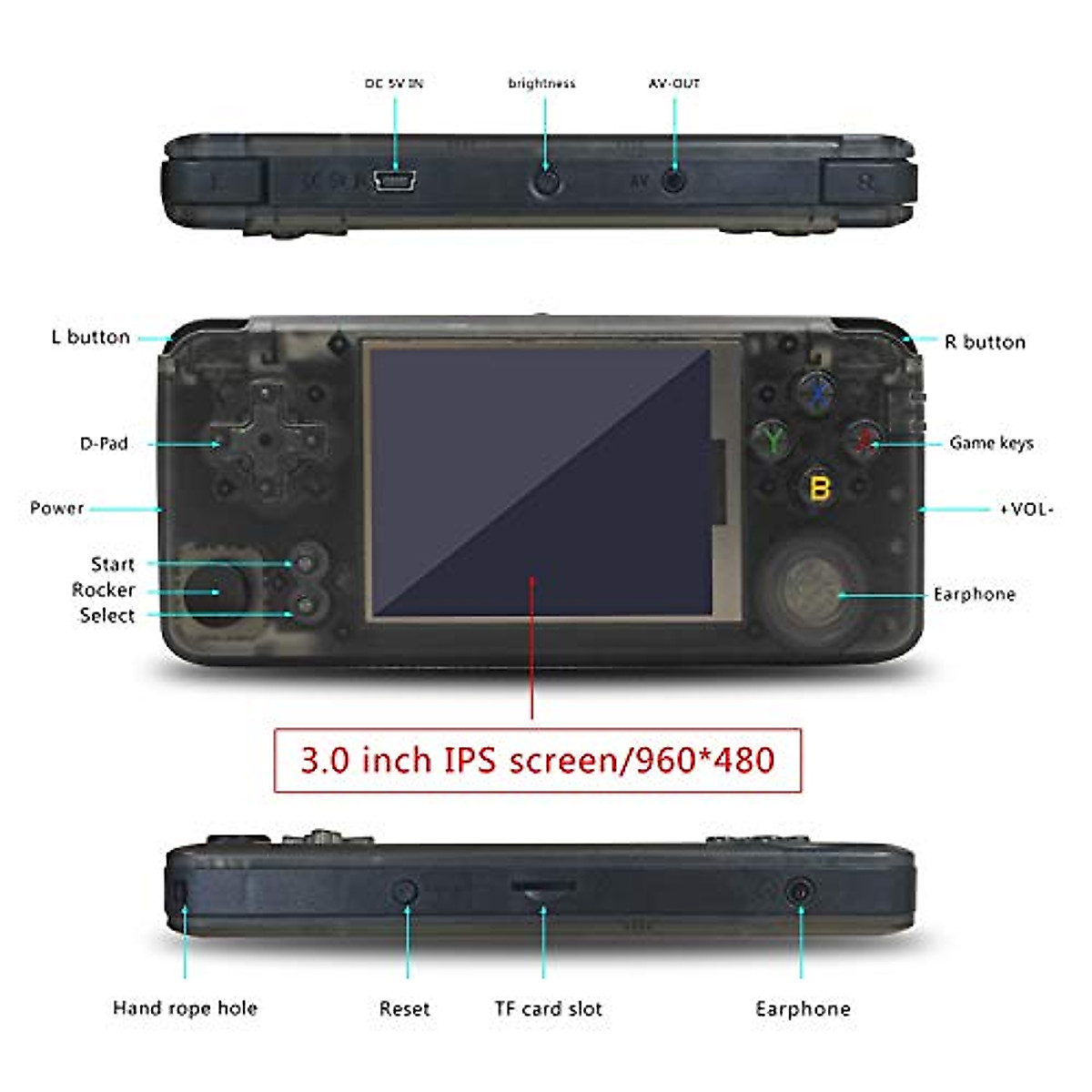 Handheld Game Console ,Retro Game Console OpenDingux Tony System , Built-in 3007 Classic Game Console 3 Inch IPS Screen Portable Video Game Console - Transparent Black