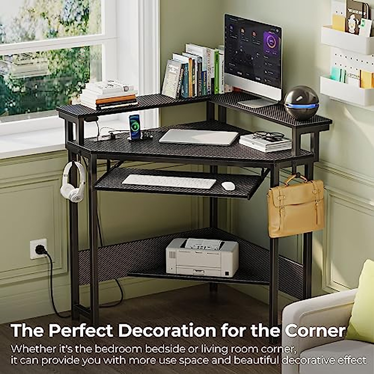 Rolanstar Corner Desk, 44.5" W x 34.5" H Small Carbon Fiber Computer Desk with Power Outlets, LED Lights and Keyboard Tray, Small Office Computer Desk with Monitor Stand for Small Space, Carbon Black