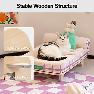 MEWOOFUN Cat Couch Bed, Modern Elevated Cat Bed with Nonskid Bottom, Orthopedic Pet Sofa Bed with Removable Washable Cover, Wooden Pet Furniture for Kitty Puppy, Purple & White