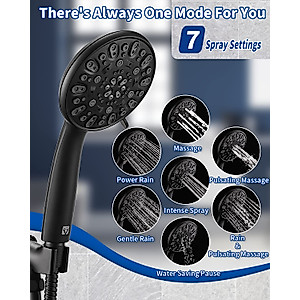 High Pressure Handheld Shower Head VMASSTONE 7-Spray Setting Showerhead Kit with 59" Stainless Steel Hose and Adjustable Mount for Showering Enjoyment Even at Low Water Flow (HM-002 Matte Black)
