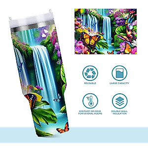 ODAWA 40 Oz Butterflies Floral Landscape Tumbler Cups with Handle and Straw, 2 in 1 Lid Insulated Stainless Steel Insulated Tumblers